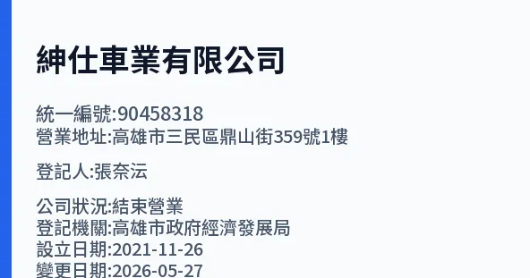 紳仕車業有限公司的照片-統編 90458318(高雄市) 公司登記資料與營業項目詳細圖表