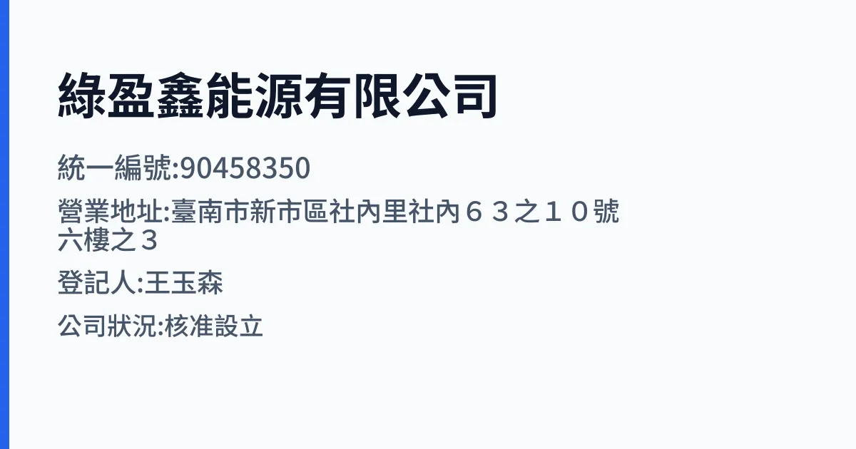 綠盈鑫能源有限公司 - 統編 90458350(臺南市) 公司登記資料與營業項目詳細圖表