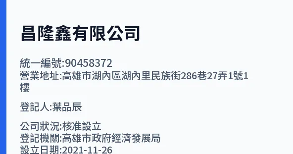 昌隆鑫有限公司的照片-統編 90458372(高雄市) 公司登記資料與營業項目詳細圖表