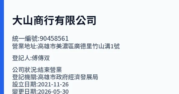 大山商行有限公司的照片-統編 90458561(高雄市) 公司登記資料與營業項目詳細圖表