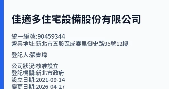 佳適多住宅設備股份有限公司的照片-統編 90459344(新北市) 公司登記資料與營業項目詳細圖表