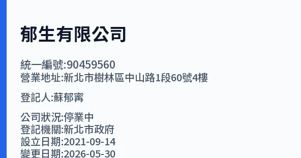 郁生有限公司的照片-統編 90459560(新北市) 公司登記資料與營業項目詳細圖表