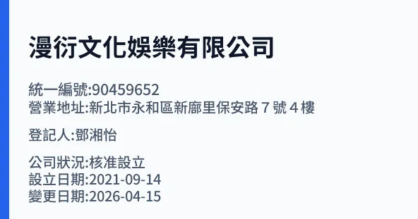 漫衍文化娛樂有限公司的照片-統編 90459652(新北市) 公司登記資料與營業項目詳細圖表