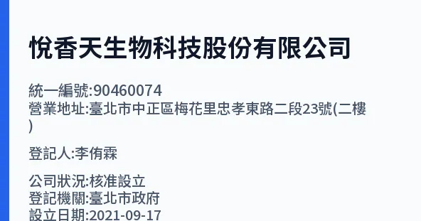 悅香天生物科技股份有限公司的照片-統編 90460074(臺北市) 公司登記資料與營業項目詳細圖表