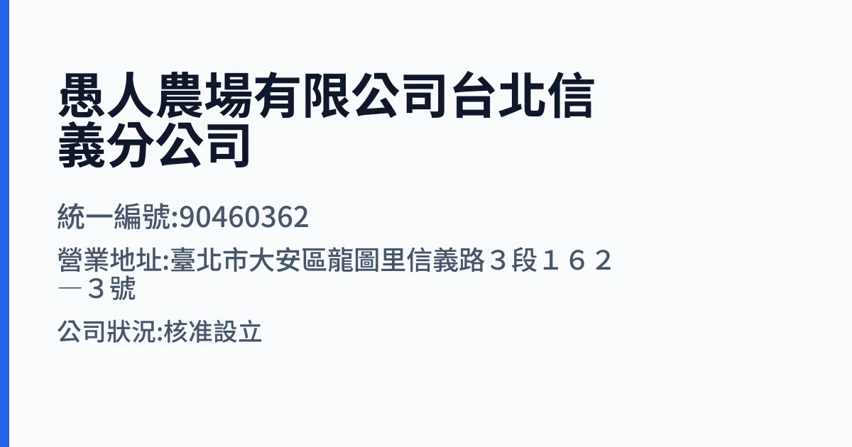 愚人農場有限公司台北信義分公司 - 統編 90460362(臺北市) 公司登記資料與營業項目詳細圖表