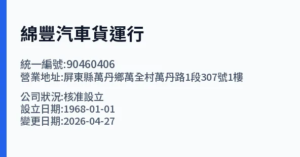 綿豐汽車貨運行的照片-統編 90460406(屏東縣) 公司登記資料與營業項目詳細圖表