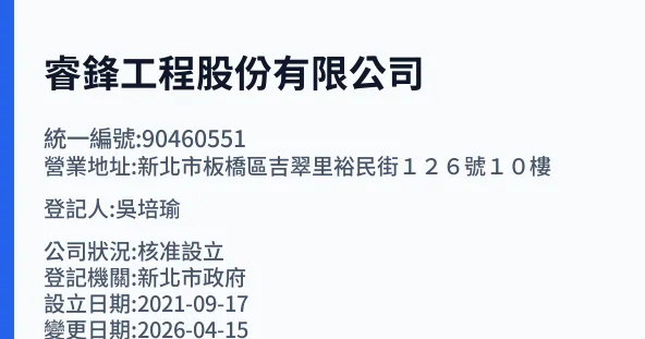 睿鋒工程股份有限公司的照片-統編 90460551(新北市) 公司登記資料與營業項目詳細圖表