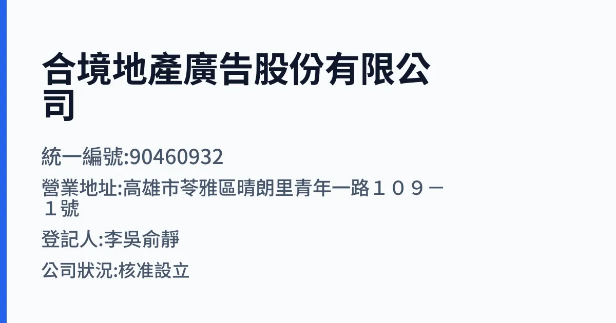 合境地產廣告股份有限公司 - 統編 90460932(高雄市) 公司登記資料與營業項目詳細圖表