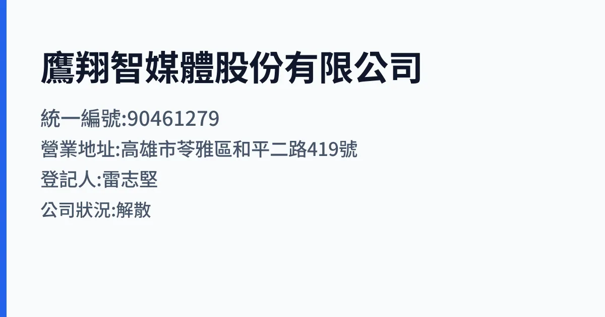 鷹翔智媒體股份有限公司 - 統編 90461279(高雄市) 公司登記資料與營業項目詳細圖表