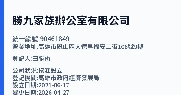 勝九家族辦公室有限公司的照片-統編 90461849(高雄市) 公司登記資料與營業項目詳細圖表