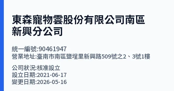 東森寵物雲股份有限公司南區新興分公司的照片-統編 90461947(臺南市) 公司登記資料與營業項目詳細圖表