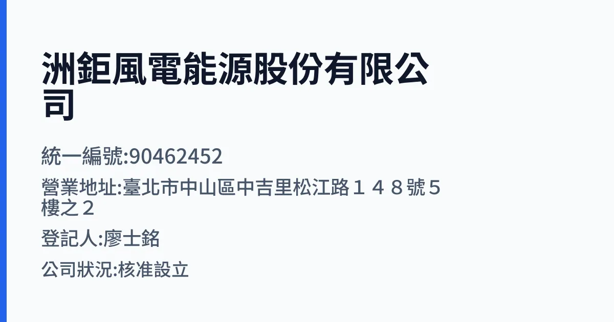 洲鉅風電能源股份有限公司 - 統編 90462452(臺北市) 公司登記資料與營業項目詳細圖表