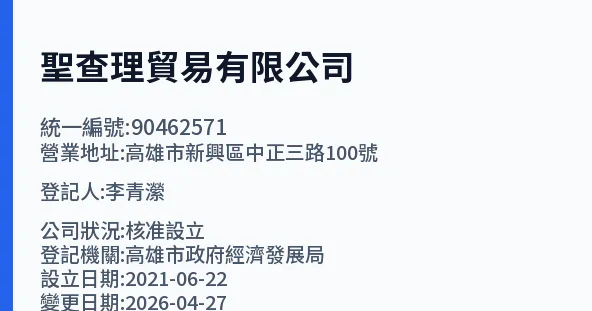 聖查理貿易有限公司的照片-統編 90462571(高雄市) 公司登記資料與營業項目詳細圖表