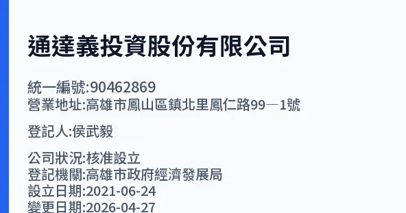 通達義投資股份有限公司的照片-統編 90462869(高雄市) 公司登記資料與營業項目詳細圖表