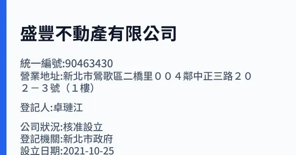 盛豐不動產有限公司的照片-統編 90463430(新北市) 公司登記資料與營業項目詳細圖表