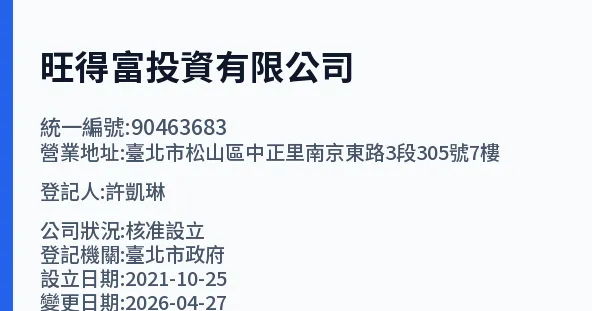 旺得富投資有限公司的照片-統編 90463683(臺北市) 公司登記資料與營業項目詳細圖表