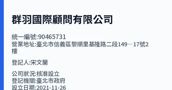 群羽國際顧問有限公司的照片-統編 90465731(臺北市) 公司登記資料與營業項目詳細圖表