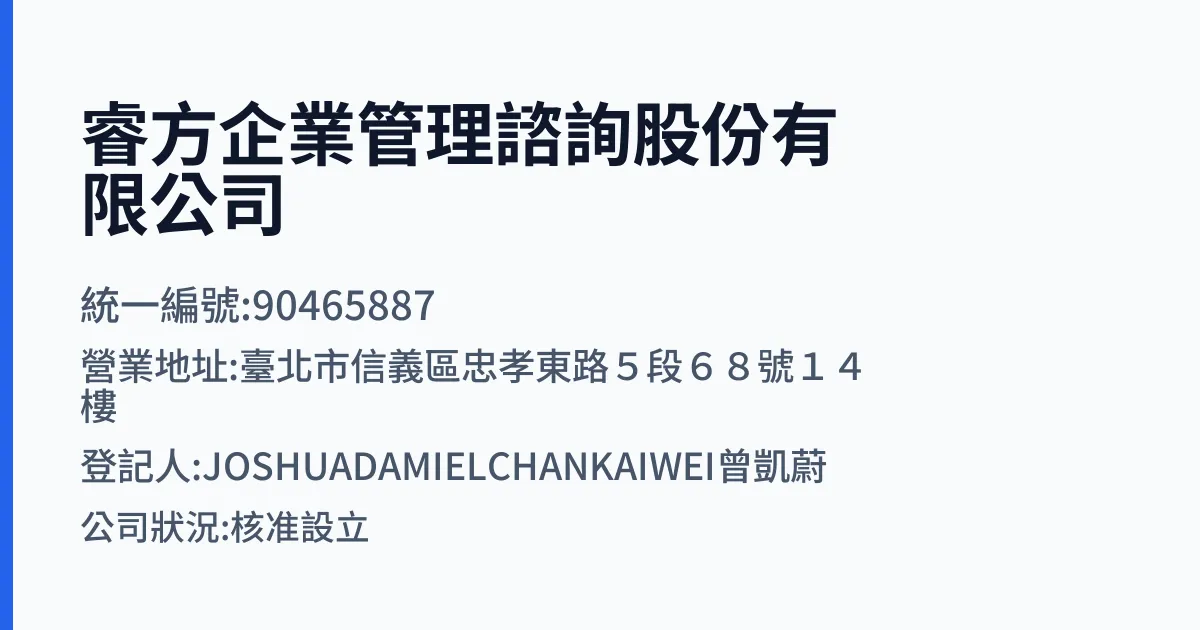 睿方企業管理諮詢股份有限公司 - 統編 90465887(臺北市) 公司登記資料與營業項目詳細圖表