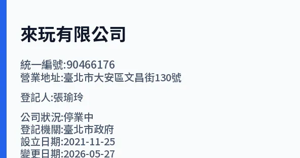 來玩有限公司的照片-統編 90466176(臺北市) 公司登記資料與營業項目詳細圖表