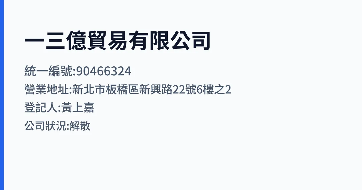 一三億貿易有限公司 - 統編 90466324(新北市) 公司登記資料與營業項目詳細圖表