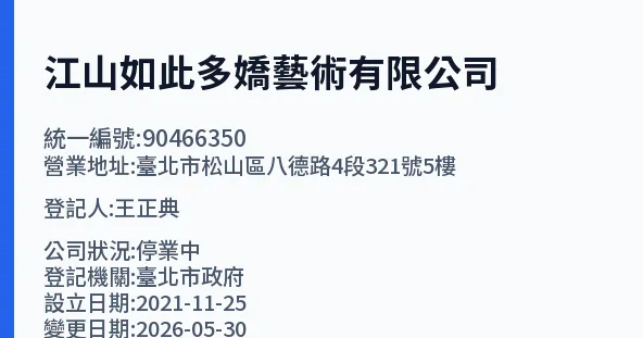 江山如此多嬌藝術有限公司的照片-統編 90466350(臺北市) 公司登記資料與營業項目詳細圖表