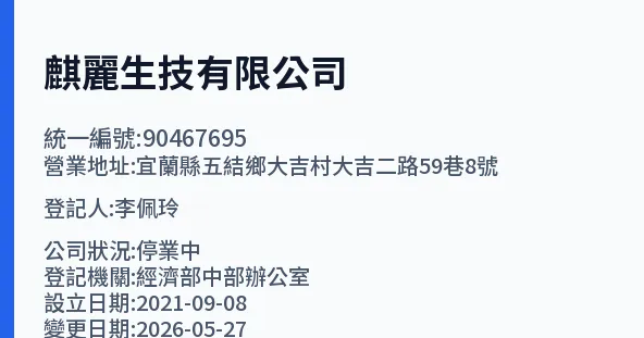麒麗生技有限公司的照片-統編 90467695(宜蘭縣) 公司登記資料與營業項目詳細圖表