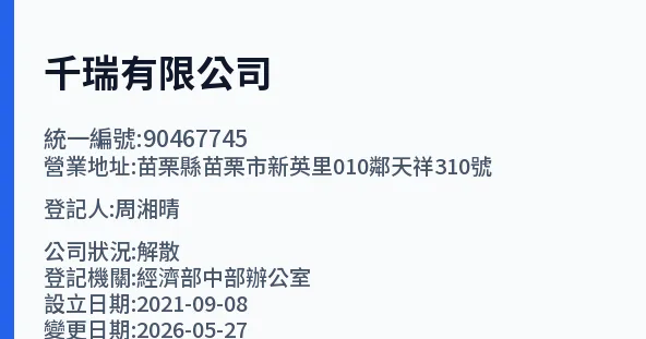 千瑞有限公司的照片-統編 90467745(苗栗縣) 公司登記資料與營業項目詳細圖表