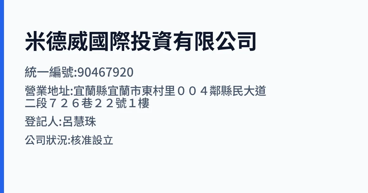 米德威國際投資有限公司 - 統編 90467920(宜蘭縣) 公司登記資料與營業項目詳細圖表