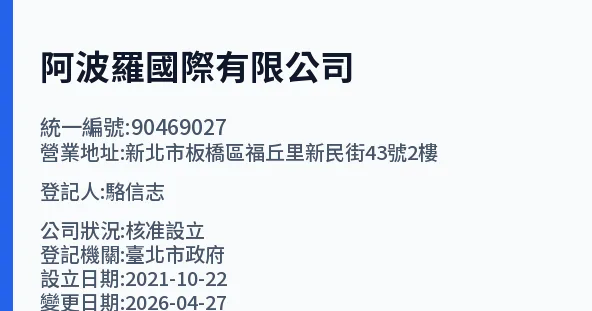 阿波羅國際有限公司的照片-統編 90469027(新北市) 公司登記資料與營業項目詳細圖表