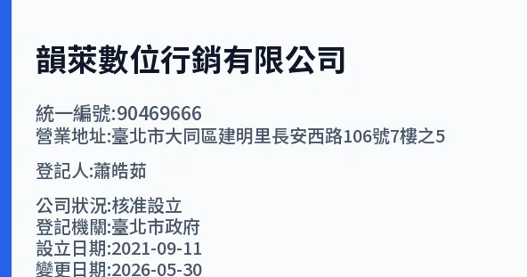 韻萊數位行銷有限公司的照片-統編 90469666(臺北市) 公司登記資料與營業項目詳細圖表