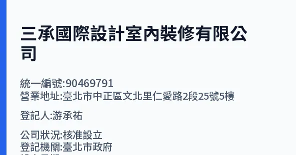 三承國際設計室內裝修有限公司的照片-統編 90469791(臺北市) 公司登記資料與營業項目詳細圖表