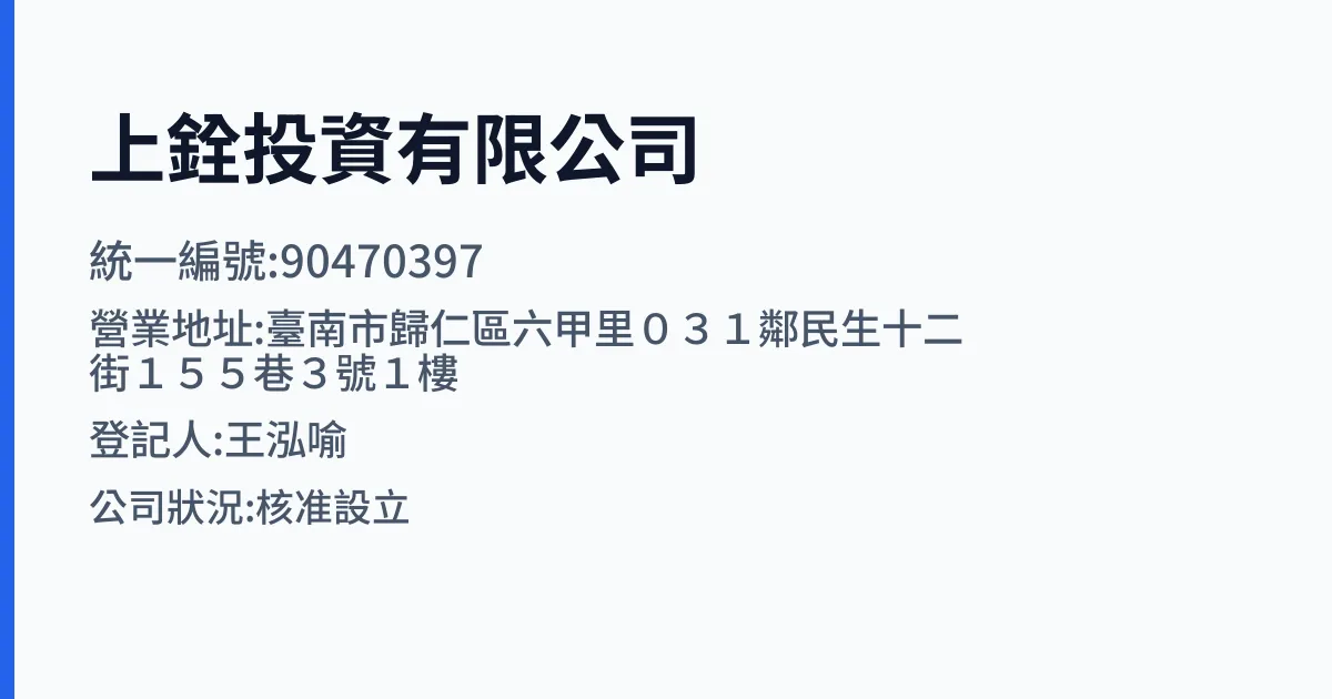 上銓投資有限公司 - 統編 90470397(臺南市) 公司登記資料與營業項目詳細圖表