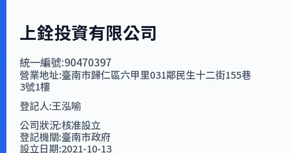 上銓投資有限公司的照片-統編 90470397(臺南市) 公司登記資料與營業項目詳細圖表