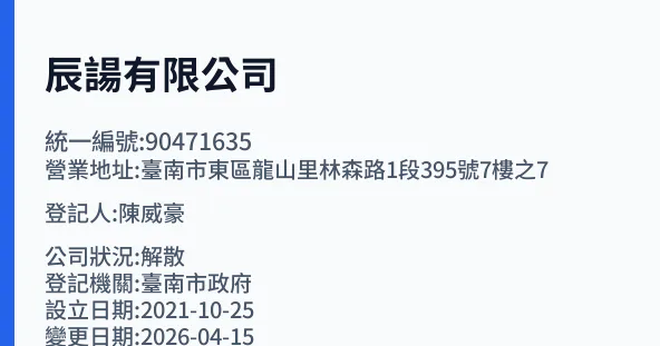辰諹有限公司的照片-統編 90471635(臺南市) 公司登記資料與營業項目詳細圖表