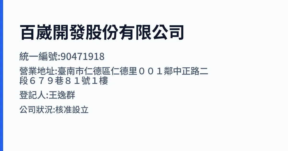 百崴開發股份有限公司 - 統編 90471918(臺南市) 公司登記資料與營業項目詳細圖表