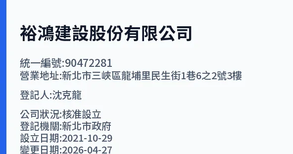 裕鴻建設股份有限公司的照片-統編 90472281(新北市) 公司登記資料與營業項目詳細圖表