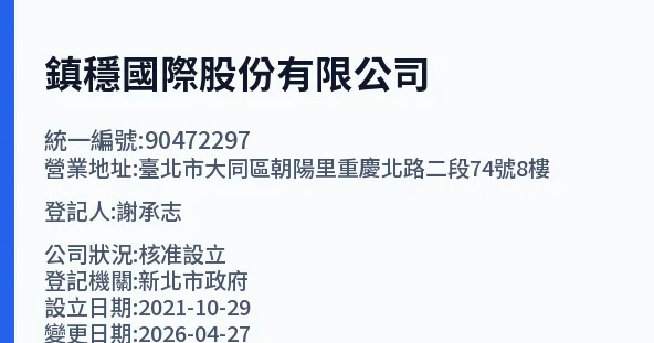 鎮穩國際股份有限公司的照片-統編 90472297(臺北市) 公司登記資料與營業項目詳細圖表