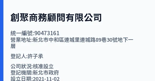 創聚商務顧問有限公司的照片-統編 90473161(新北市) 公司登記資料與營業項目詳細圖表