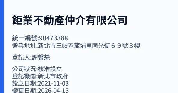 鉅業不動產仲介有限公司的照片-統編 90473388(新北市) 公司登記資料與營業項目詳細圖表