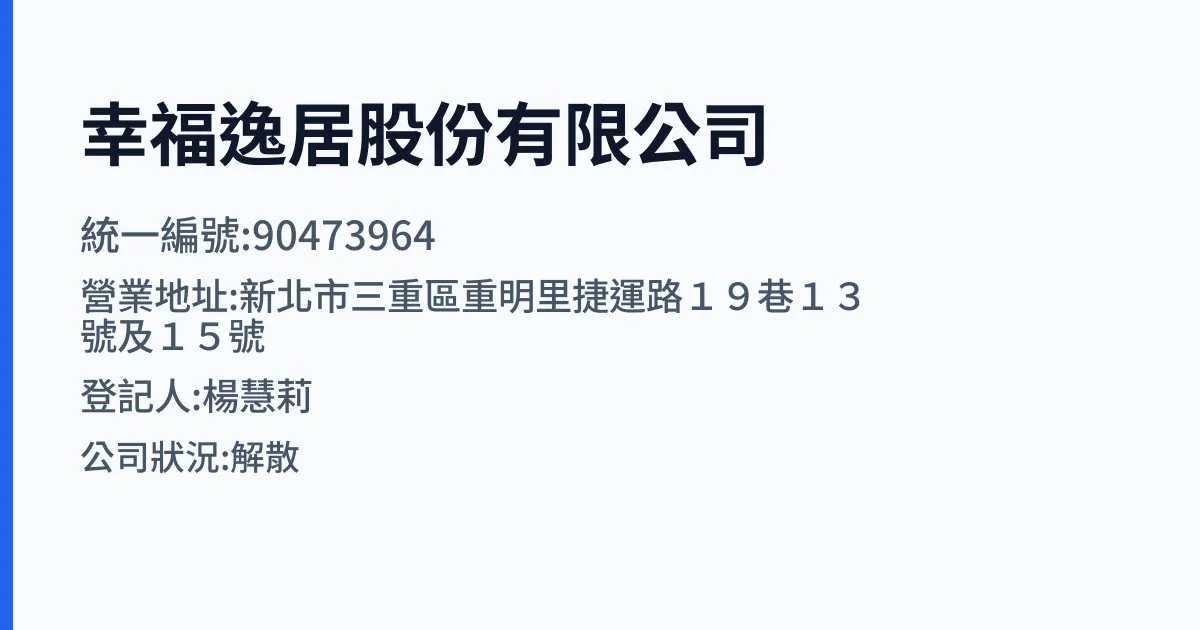 幸福逸居股份有限公司 - 統編 90473964(新北市) 公司登記資料與營業項目詳細圖表