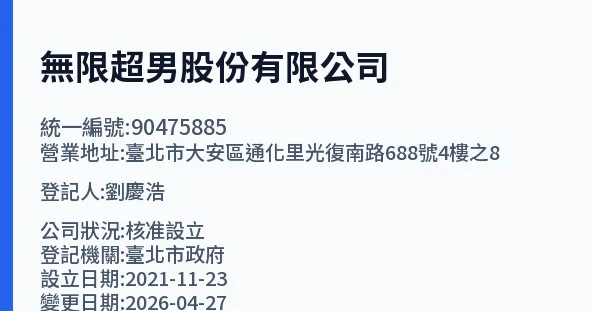 無限超男股份有限公司的照片-統編 90475885(臺北市) 公司登記資料與營業項目詳細圖表