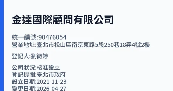 金達國際顧問有限公司的照片-統編 90476054(臺北市) 公司登記資料與營業項目詳細圖表