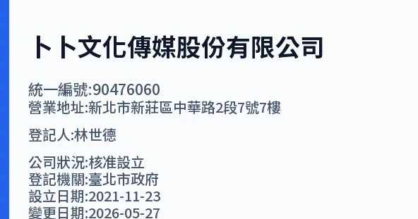 卜卜文化傳媒股份有限公司的照片-統編 90476060(新北市) 公司登記資料與營業項目詳細圖表