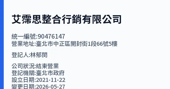 艾霈思整合行銷有限公司的照片-統編 90476147(臺北市) 公司登記資料與營業項目詳細圖表