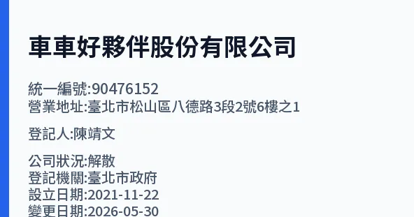 車車好夥伴股份有限公司的照片-統編 90476152(臺北市) 公司登記資料與營業項目詳細圖表