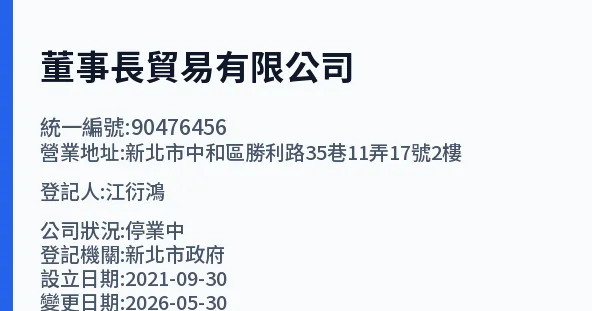 董事長貿易有限公司的照片-統編 90476456(新北市) 公司登記資料與營業項目詳細圖表