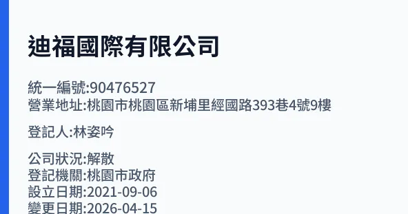 迪福國際有限公司的照片-統編 90476527(桃園市) 公司登記資料與營業項目詳細圖表