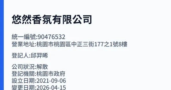 悠然香氛有限公司的照片-統編 90476532(桃園市) 公司登記資料與營業項目詳細圖表