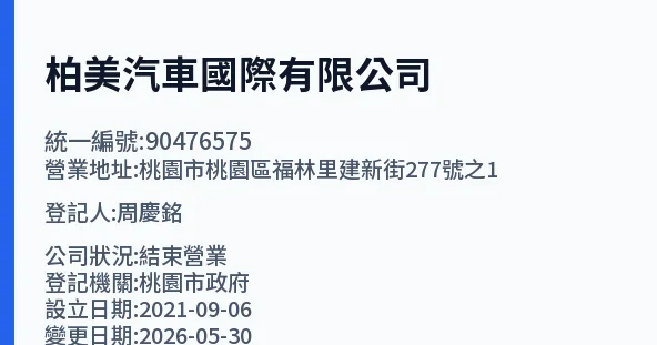 柏美汽車國際有限公司的照片-統編 90476575(桃園市) 公司登記資料與營業項目詳細圖表