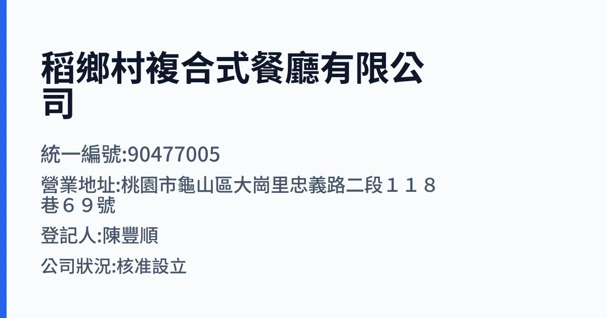 稻鄉村複合式餐廳有限公司 - 統編 90477005(桃園市) 公司登記資料與營業項目詳細圖表